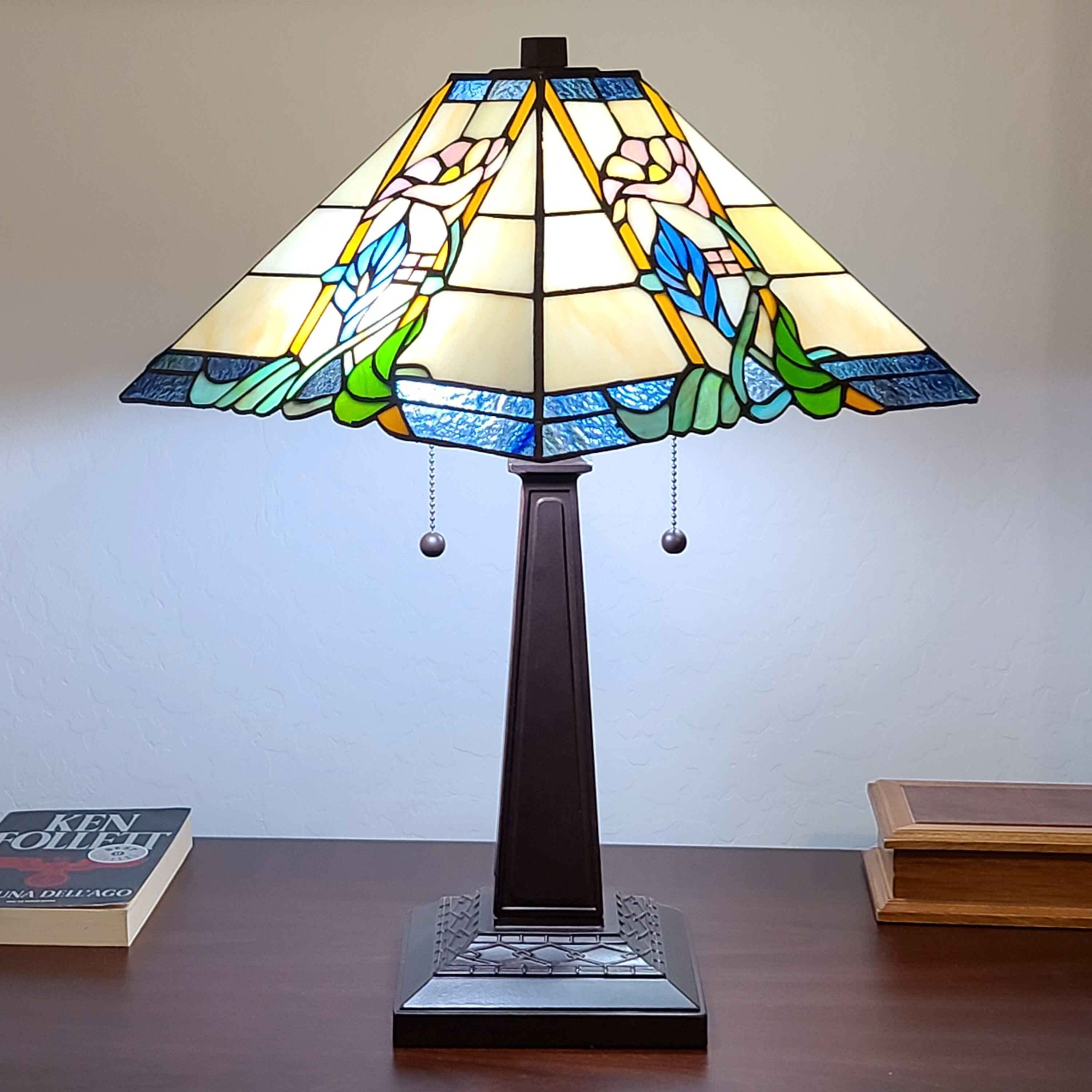 Gracie 12-inch Blue/White Flower Design Stained Glass/Bronze Tiffany-Style Table Lamp - On Sale ...